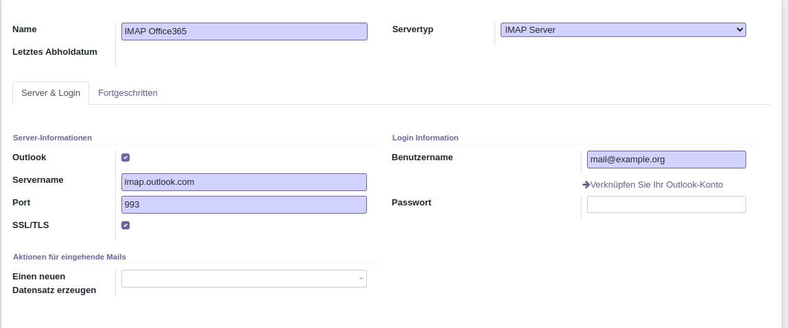 Odoo eingehende Mailserver mit Office 365 OAuth2 Authentifizierung